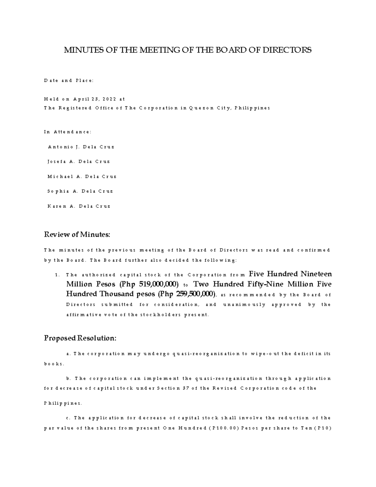 Minutes OF THE Meeting OF THE Board OF Directors - MINUTES OF THE ...