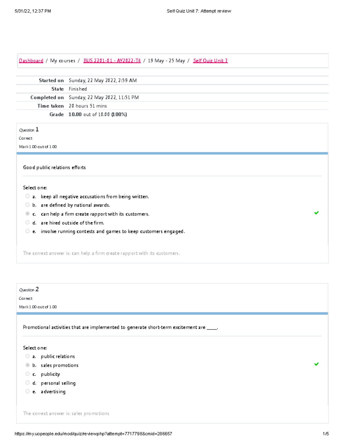 BUS 2201 Principles of Marketing Self-Quiz Unit 7 - Started on Sunday ...