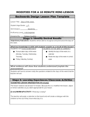 Lesson Plan 1 minutes - TESOL 101 Lesson Plan Template Backwards Design ...