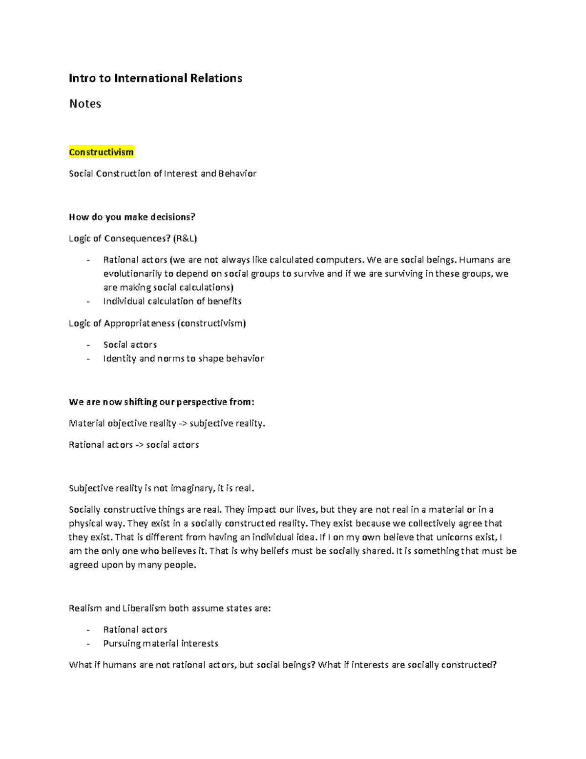 Constructivism - Intro to International Relations Notes Constructivism ...