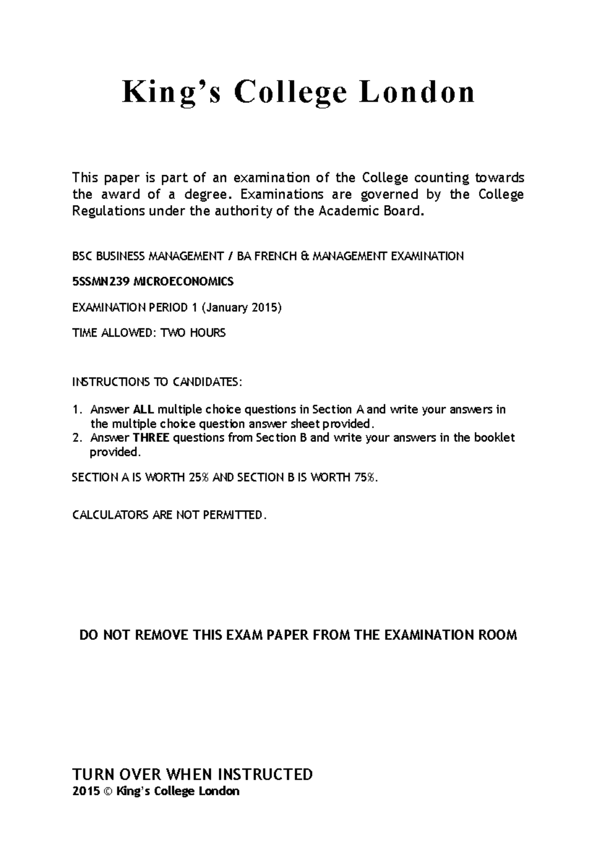 Exam January 2015, questions - King’s College London This paper is part ...