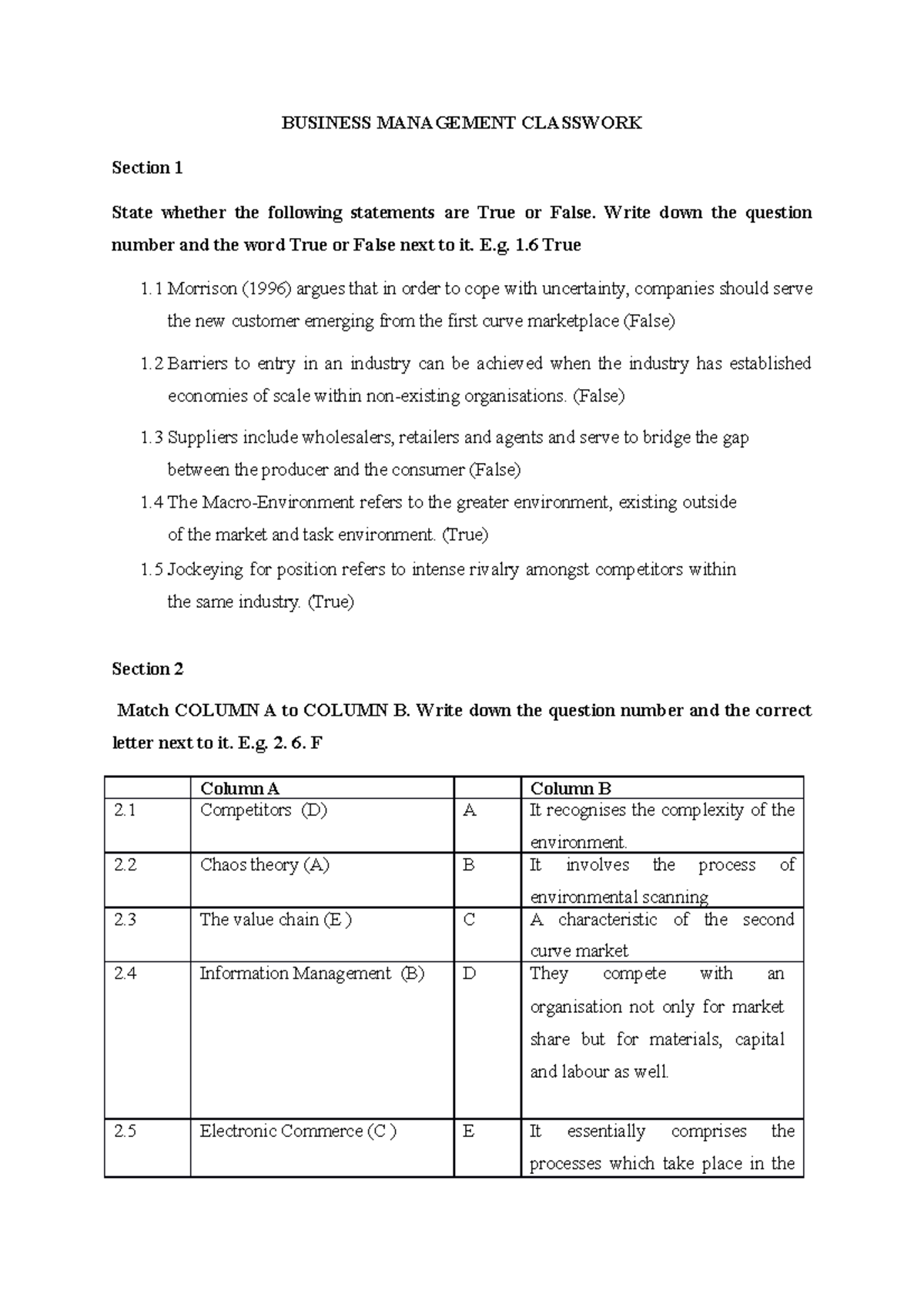 Intro to BMG classwork unit 3 Answers - BUSINESS MANAGEMENT CLASSWORK Section 1 State whether ...
