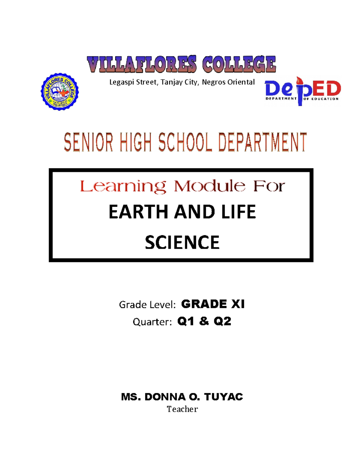 Pdfcoffee - Earth and Life Science Module - Legaspi Street, Tanjay City, Negros Oriental Grade ...