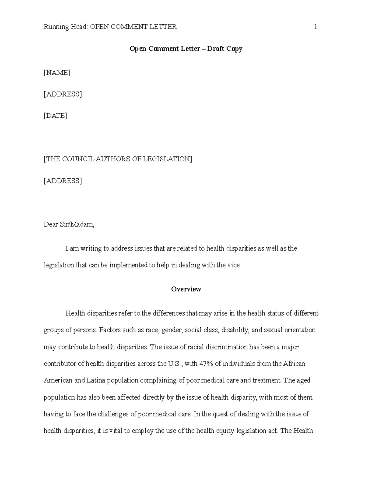 HCM 320 Milestone Three Sample Letter Two - Running Head: OPEN COMMENT ...