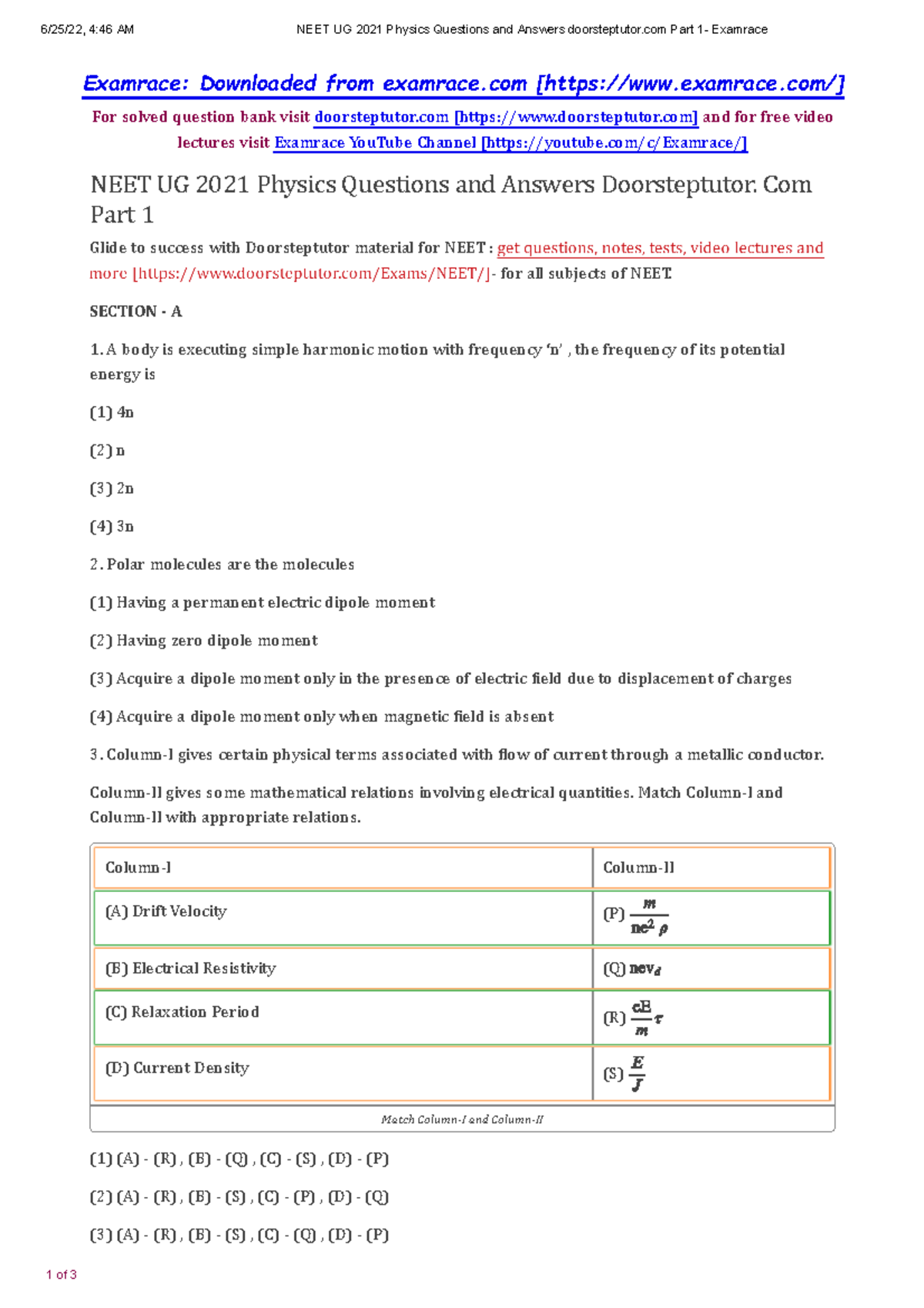 NEET UG 2021 Physics Part 1 - 6/25/22, 4:46 AM NEET UG 2021 Physics Questions and Answers - Studocu