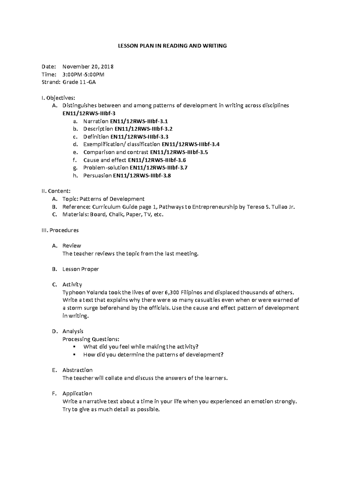 Pdfcoffee - LESSON PLAN IN READING AND WRITING Date: November 20, 2018 Time: 3:00PM-5:00PM ...