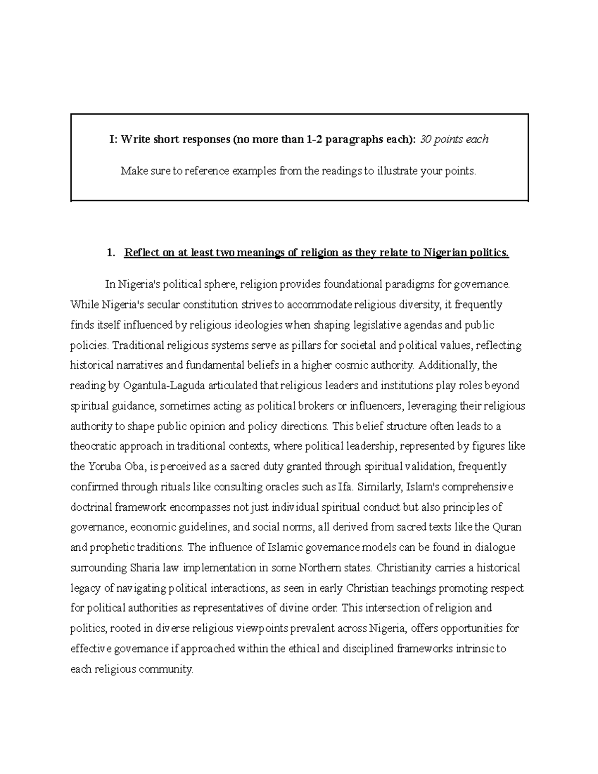 Final Exam - I: Write short responses (no more than 1-2 paragraphs each ...