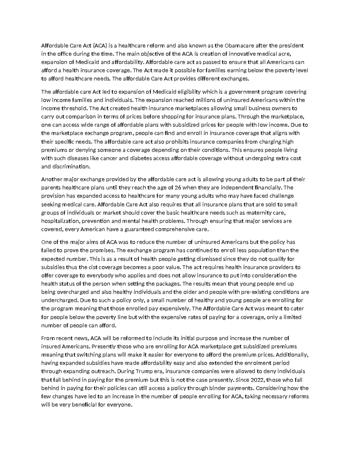 Affordable Care Act - The paper is about ACL injury and description ...