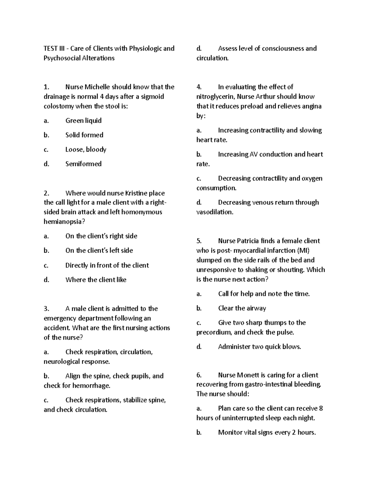 NP3 Sample Test 2 - TEST III - Care of Clients with Physiologic and ...