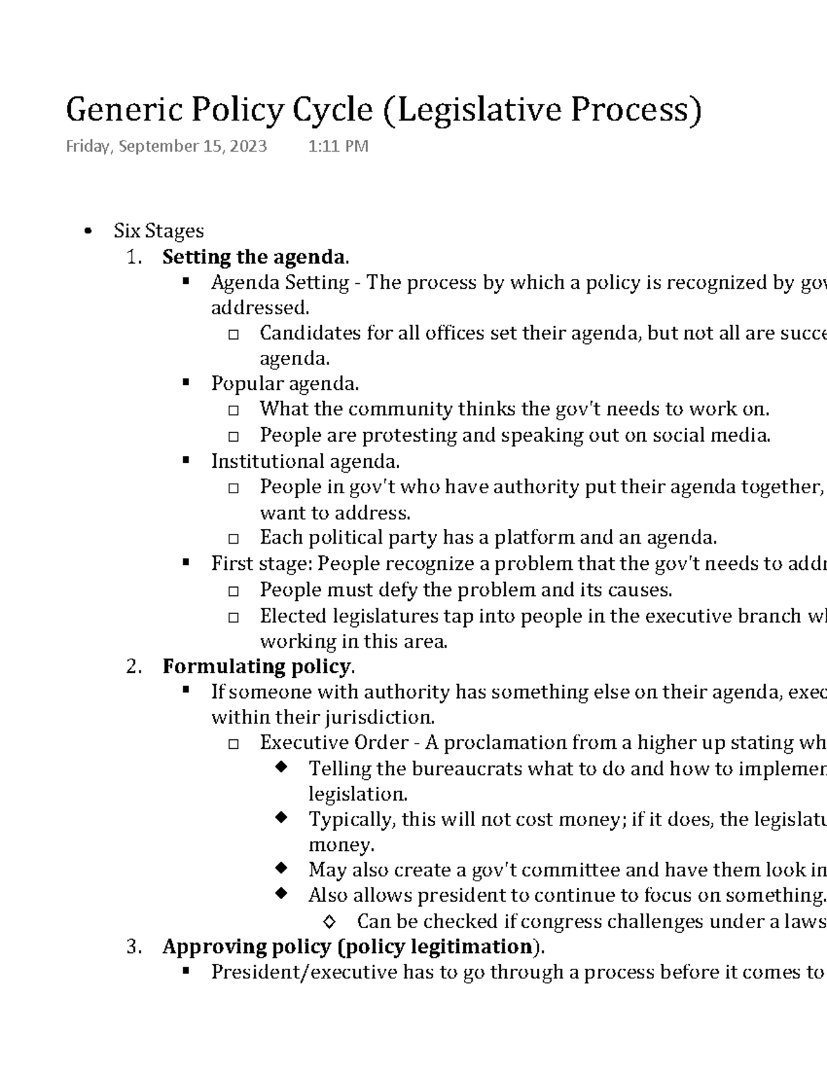 Generic Policy Cycle (Legislative Process) - Six Stages Setting the ...