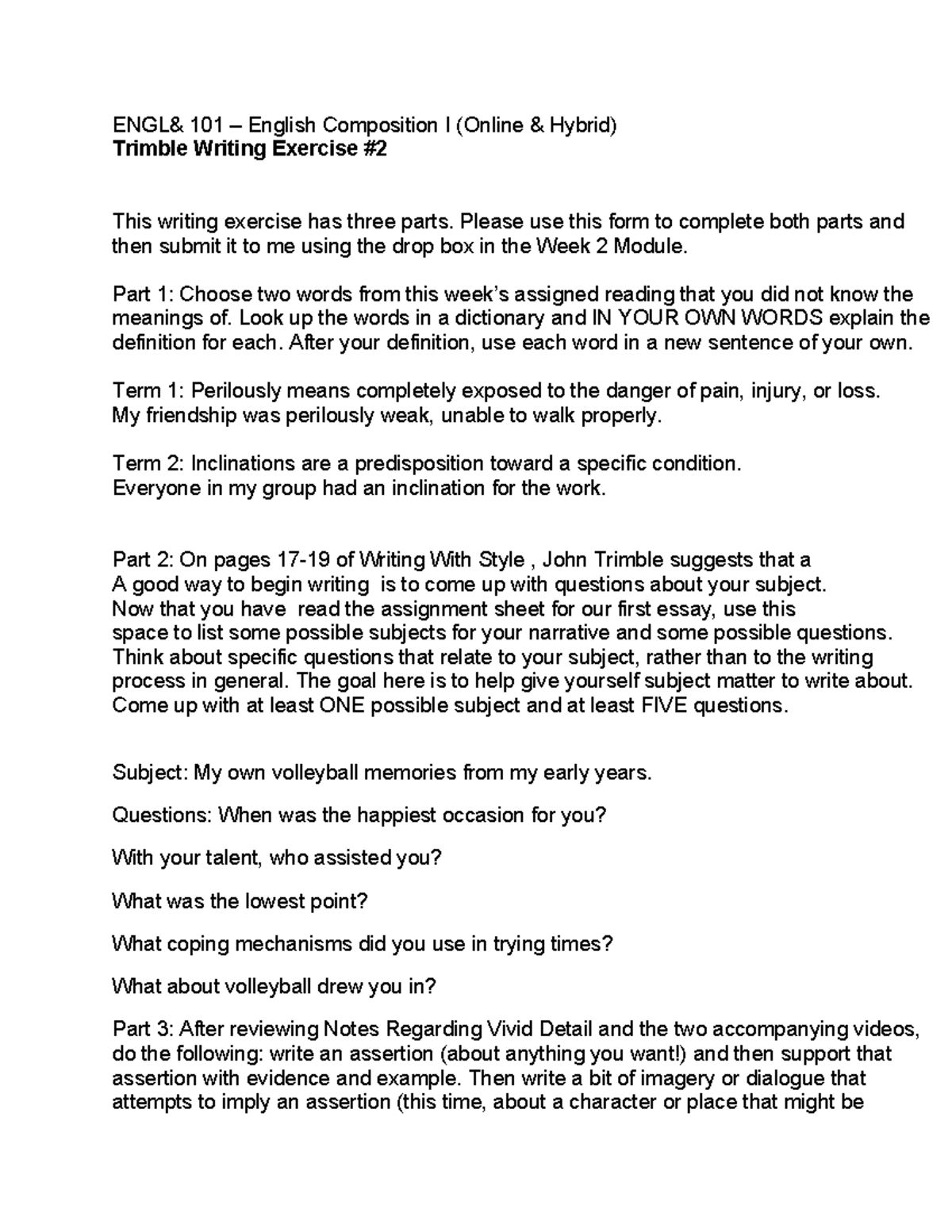 Trimble Writing Exercise #2 - ENGL& 101 – English Composition I (Online ...
