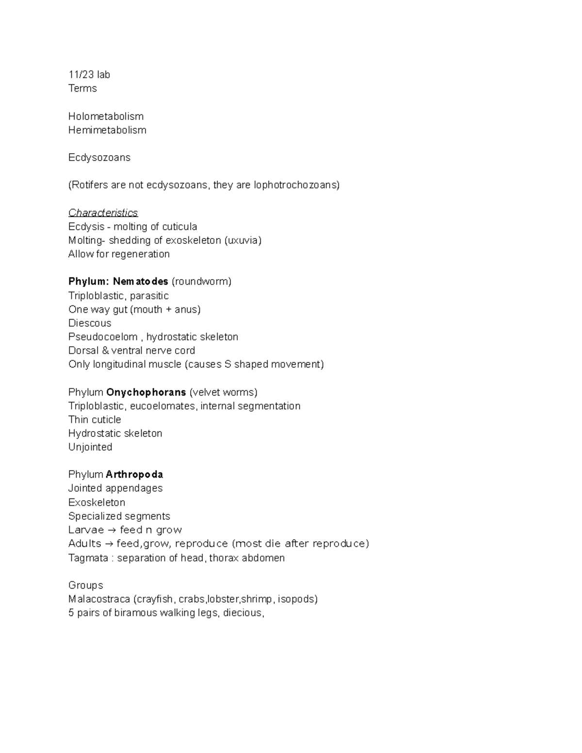 Bio 106 Lab classification notes - 11/23 lab Terms Holometabolism ...