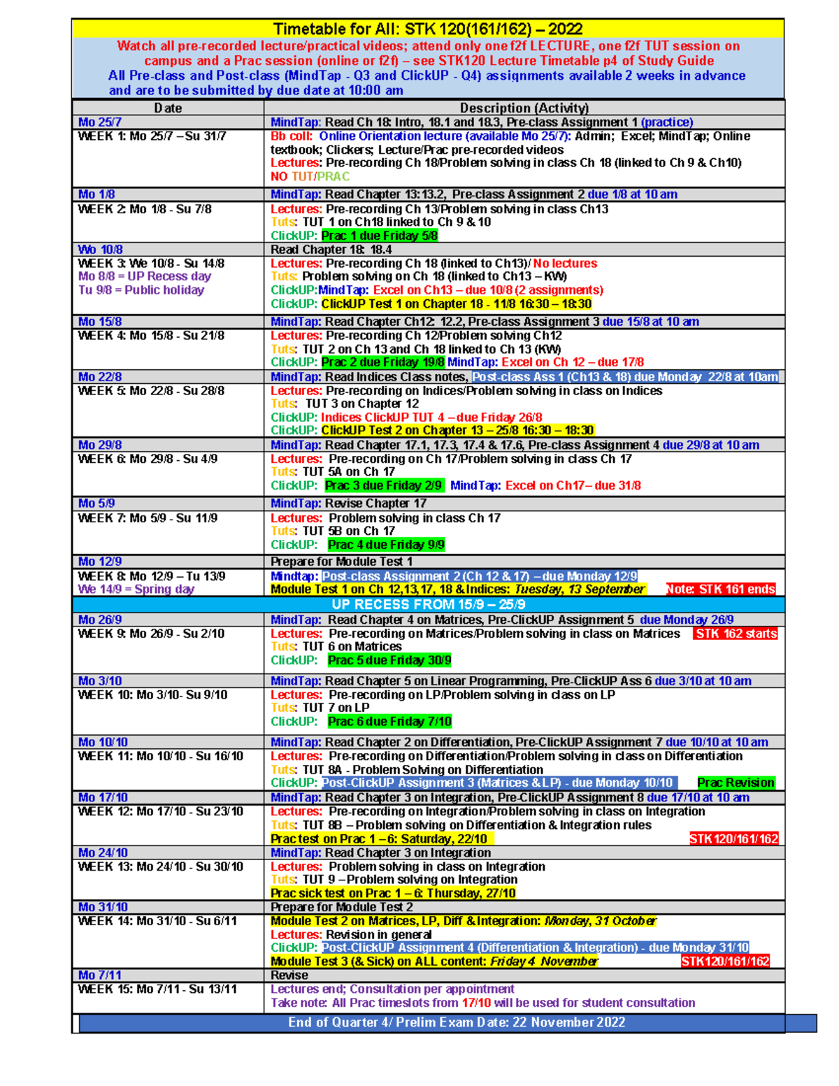 Work program + assessments - Timetable for All: STK 120(161/162) ñ 2022 ...