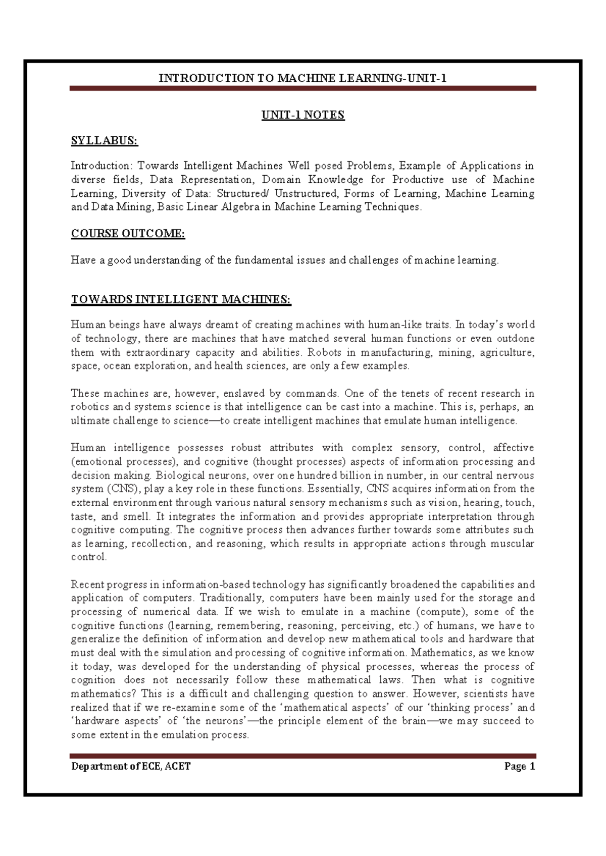 ML-UNIT1 Notes - Introduction to Machine learning - INTRODUCTION TO ...