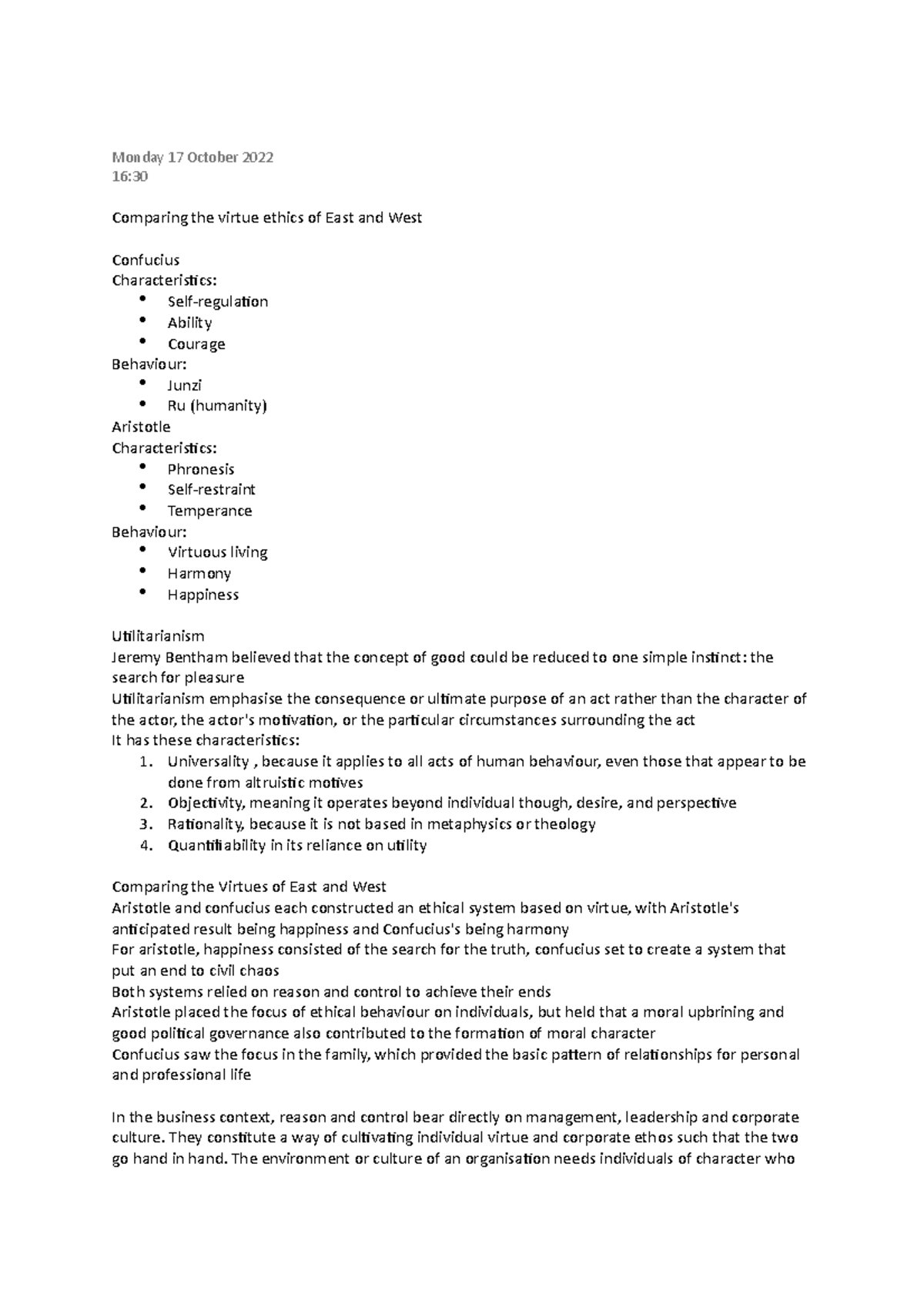 Comparing the virtue ethics of East and West - Monday 17 October 2022 ...