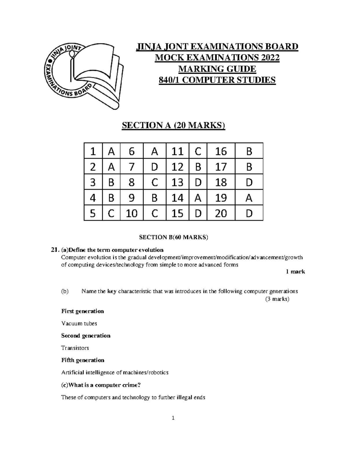 JJEB 2022 Computer Studies 840-1 Marking Guide - JINJA JONT ...