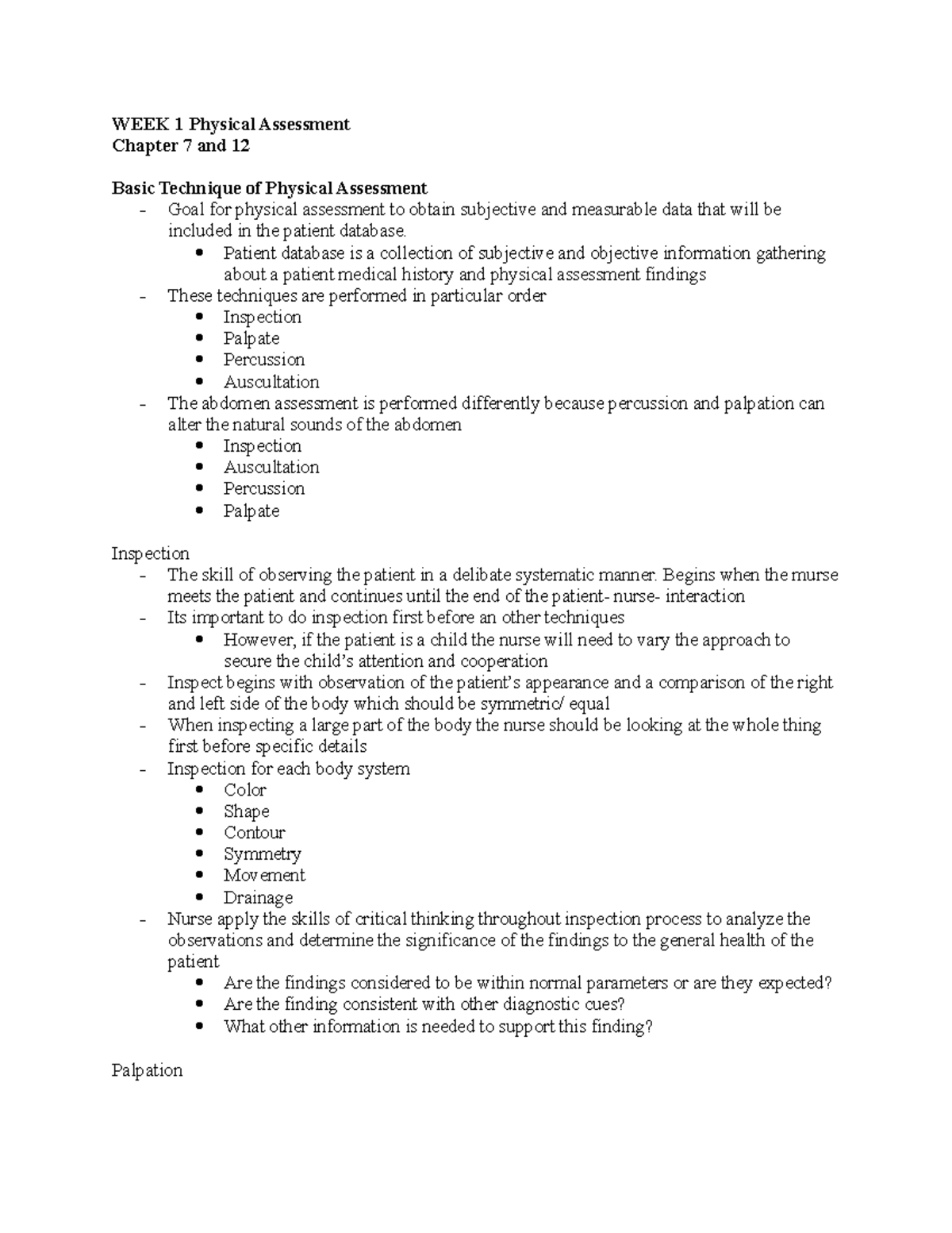 WEEK 1 Physical Assessment - WEEK 1 Physical Assessment Chapter 7 and ...