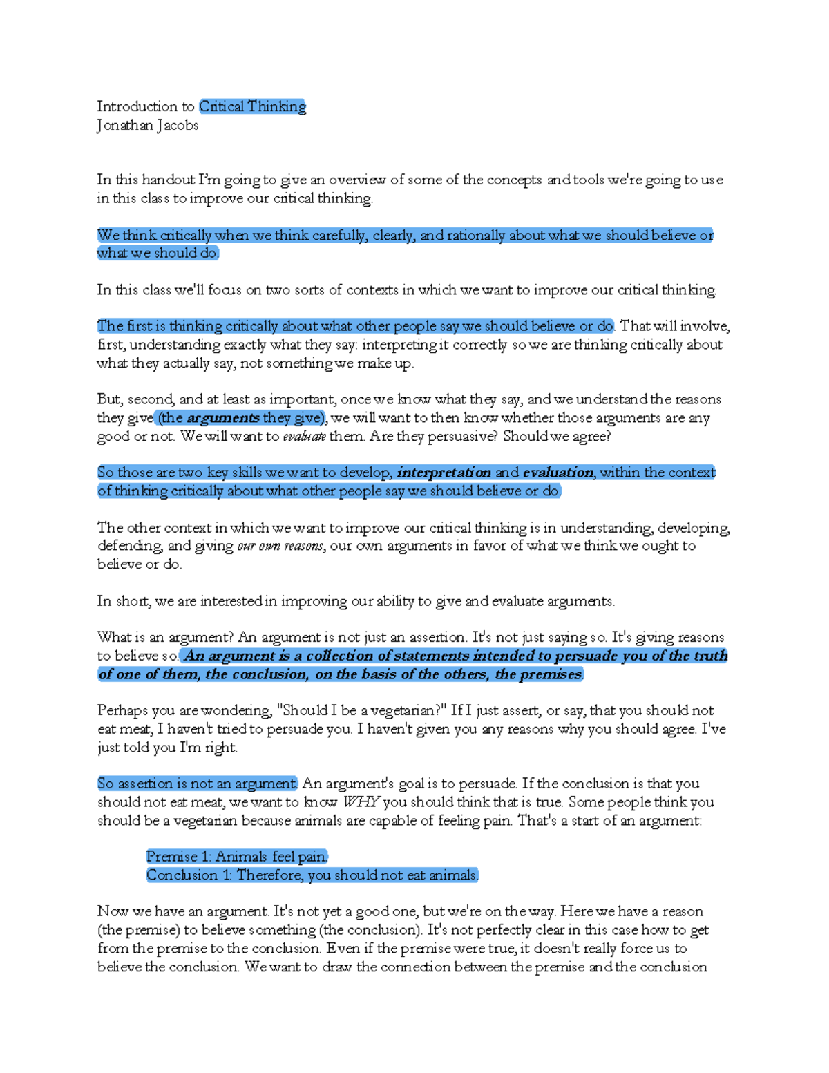 Notes On Critical Thinking - Introduction to Critical Thinking Jonathan ...