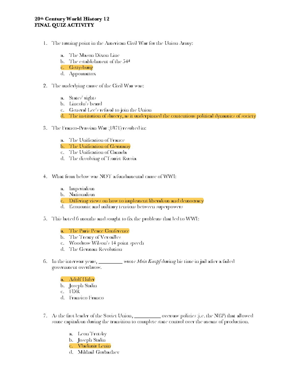 TCWH - Final Quiz CB - this wont work prob - 20 th Century World ...