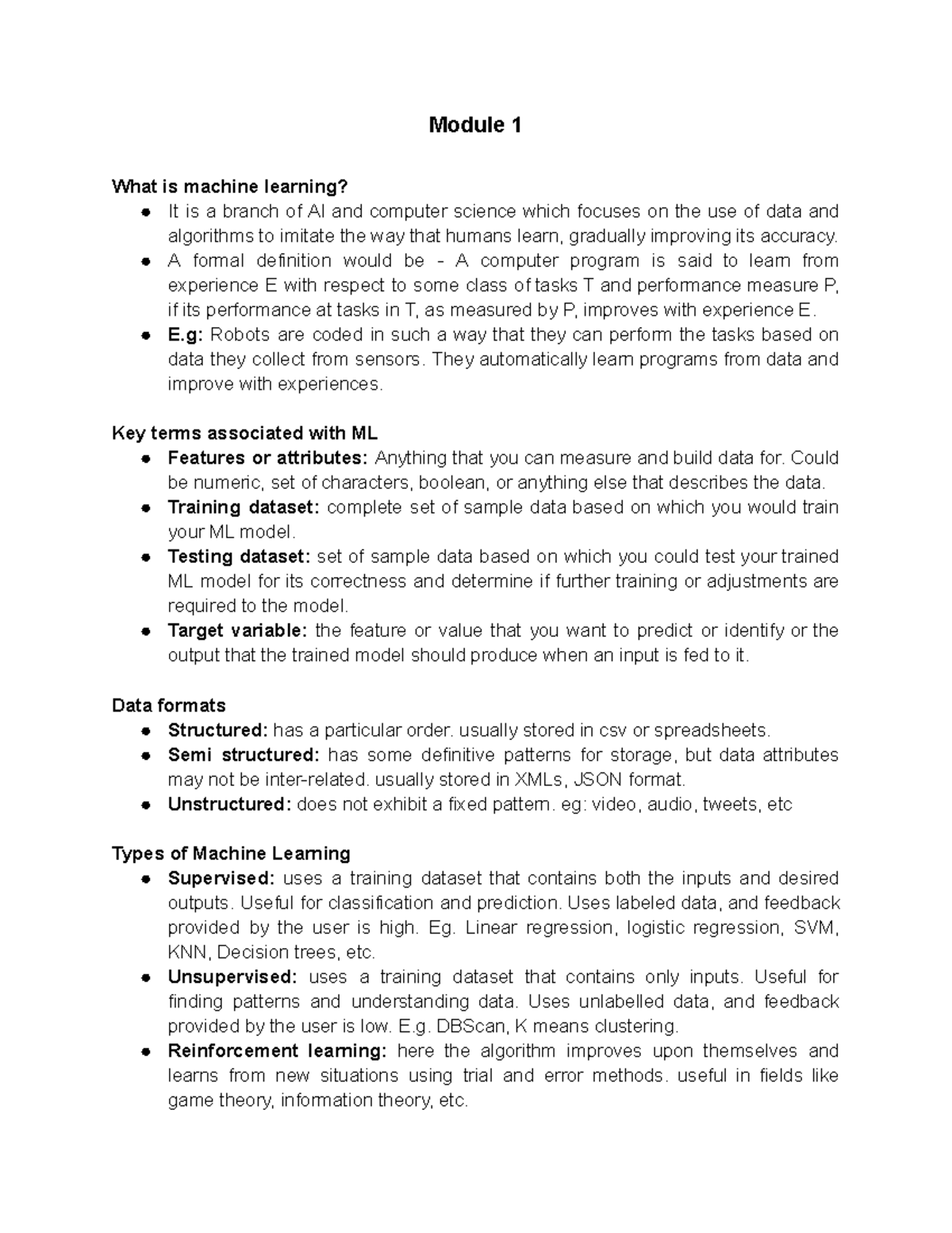 ML Viva QB (Except Module 5) - Module 1 What is machine learning? It is a branch of AI and - Studocu