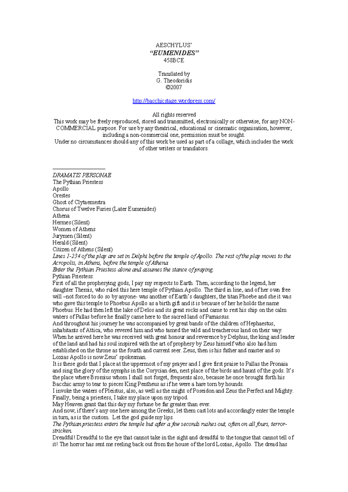 Eumenidespdf - Reading - AESCHYLUS’ “EUMENIDES” 458BCE Translated by G ...