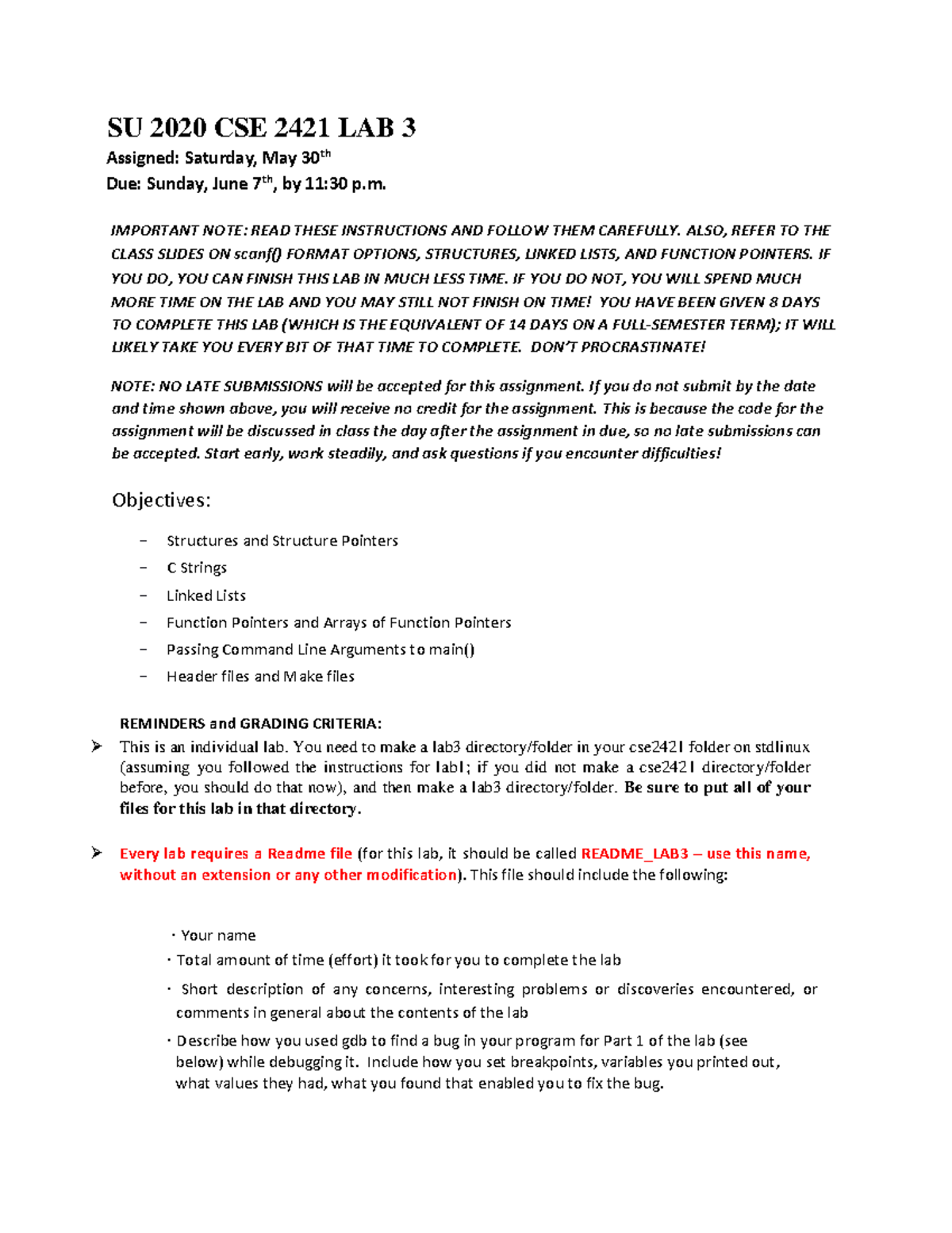 CSE 2421 SU 2020 Lab3 - Lab3 - SU 2020 CSE 2421 LAB 3 Assigned: Saturday, May 30th Due: Sunday ...