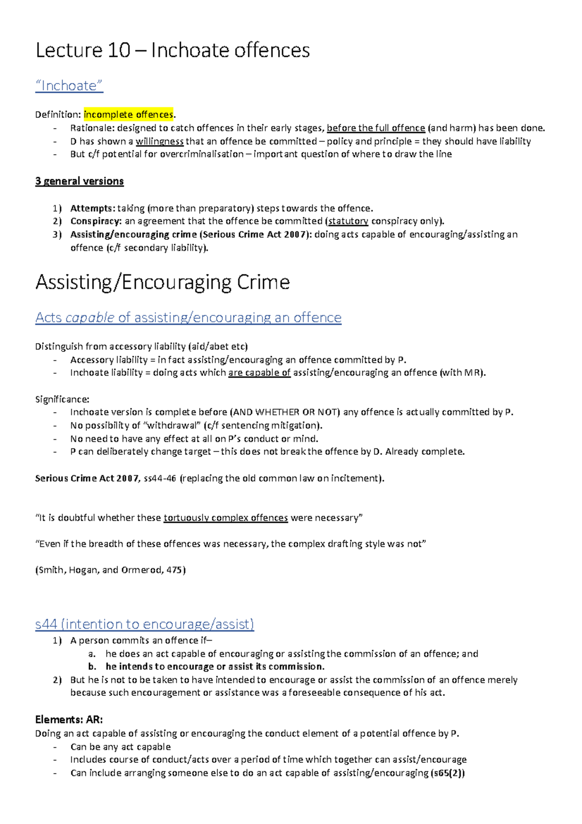 Inchoate Offences Lecture 10 notes - Lecture 10 – Inchoate offences ...