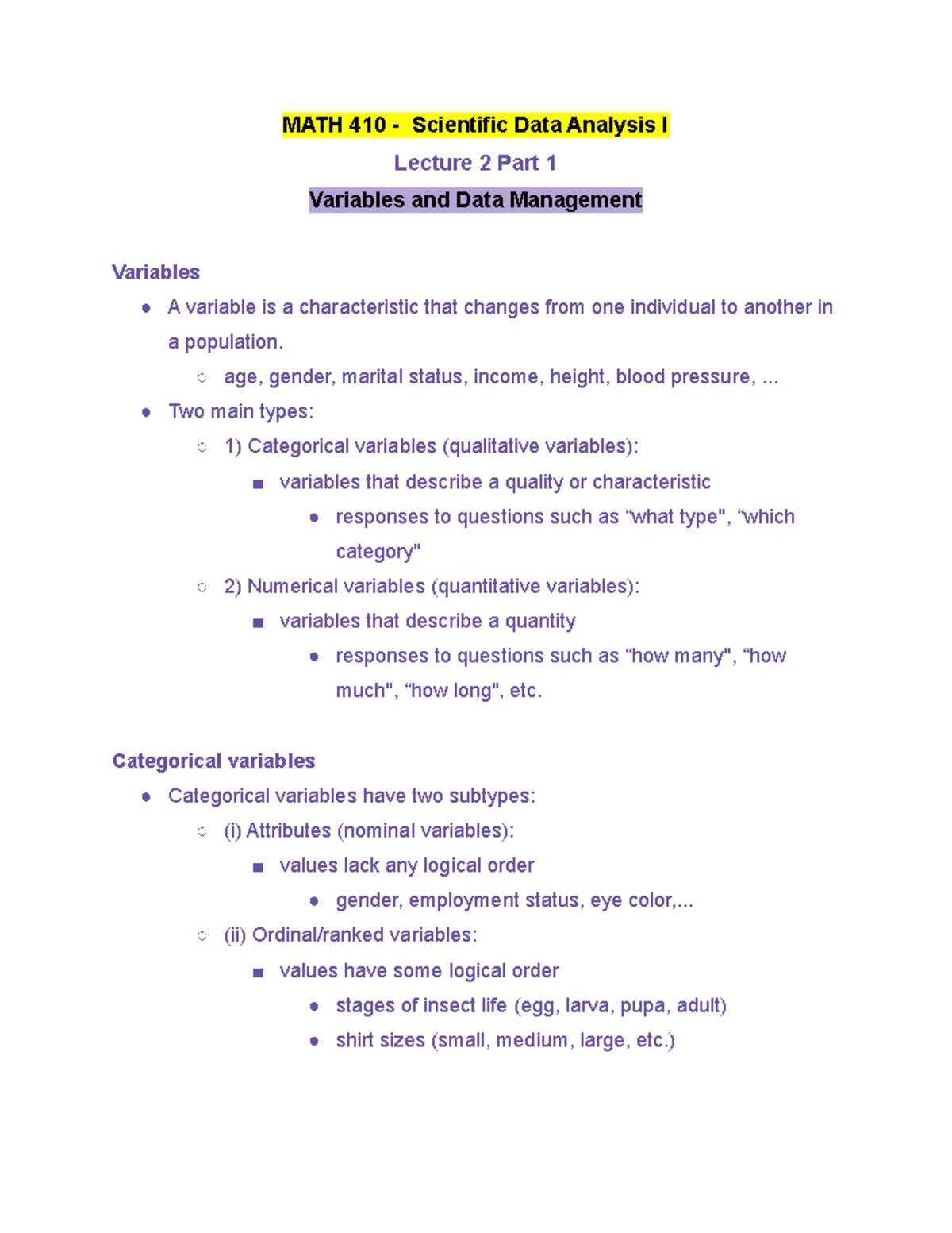 MATH 410 Lecture 2 Part 1 Fall 2020 - MATH 410 - Scientific Data Analysis I Lecture 2 Part 1 ...