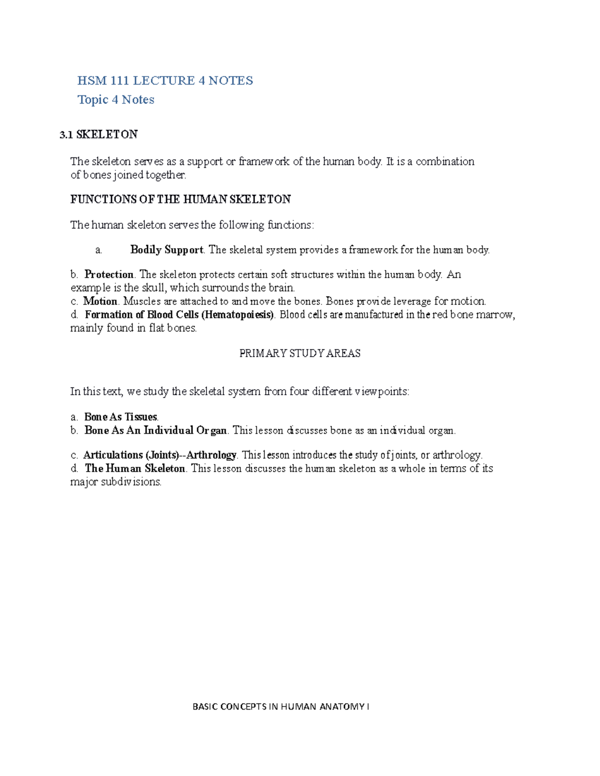 HSM 111 Lecture 4 Notes - for introduction to human anatomy - Basic ...