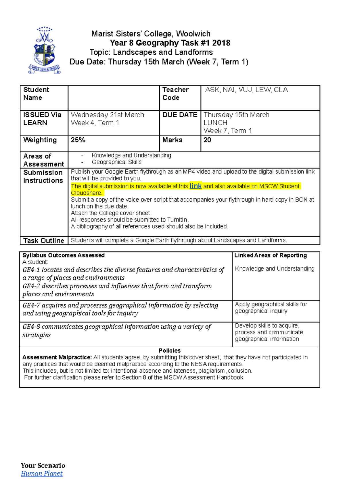 Geography Assignment - Marist Sisters’ College, Woolwich Year 8 ...
