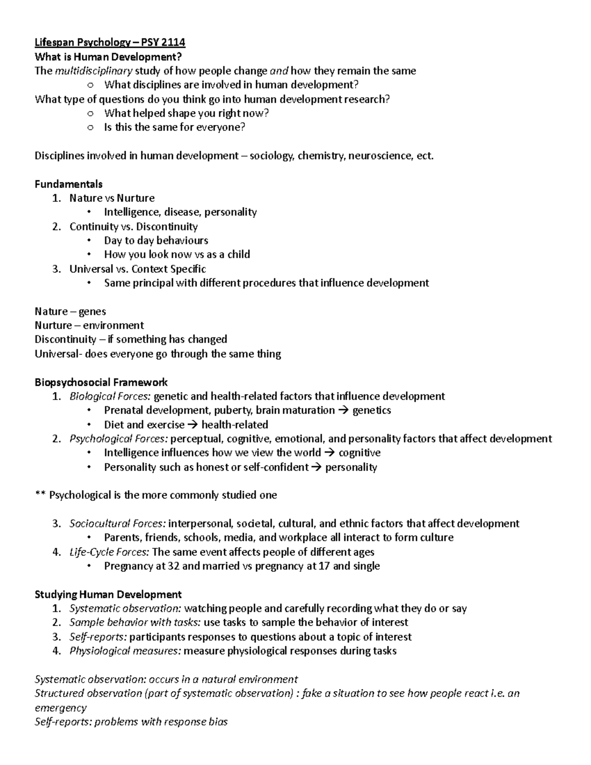 Lifespan Psychology - notes - Lifespan Psychology – PSY 2114 What is ...