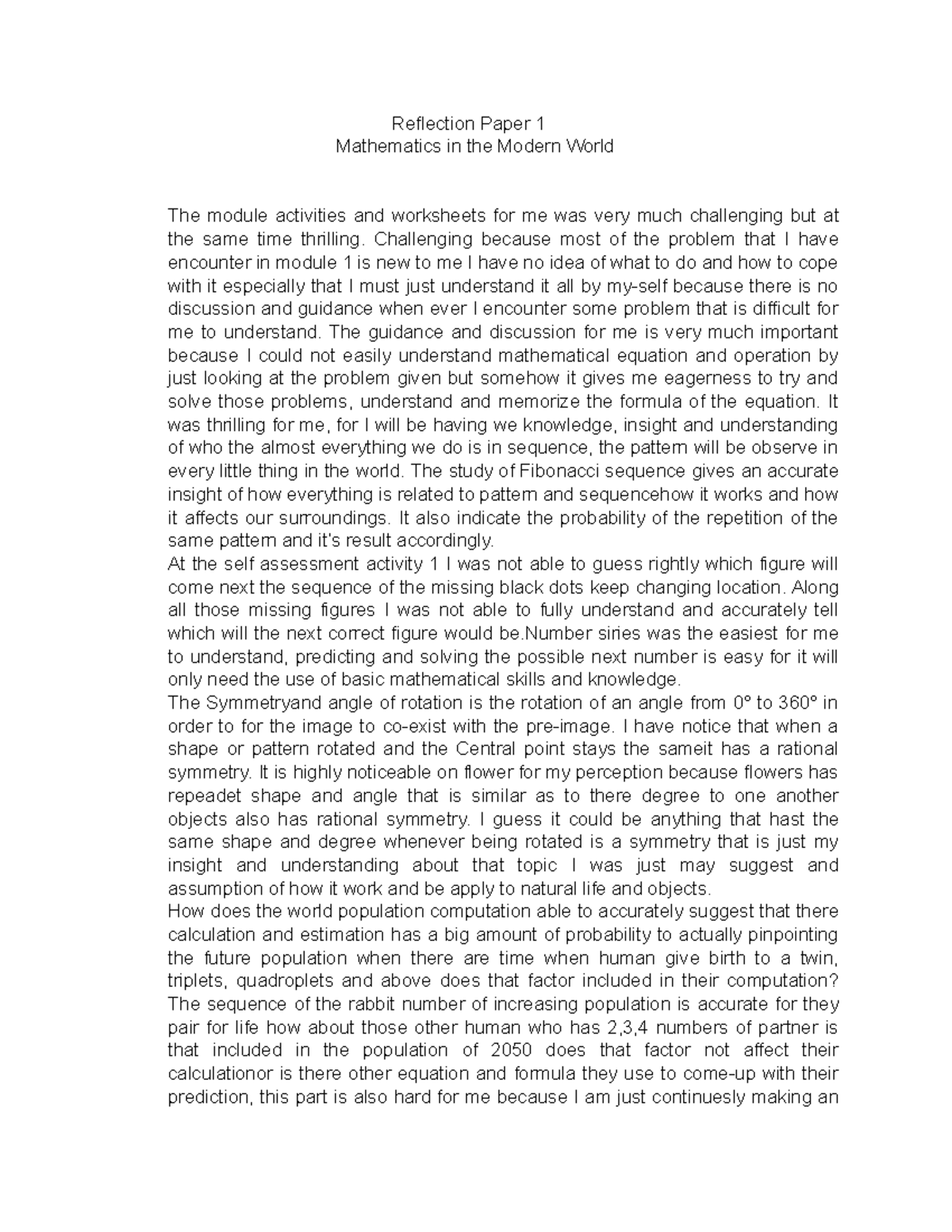 Reflection ni rk sa math gg - Reflection Paper 1 Mathematics in the ...