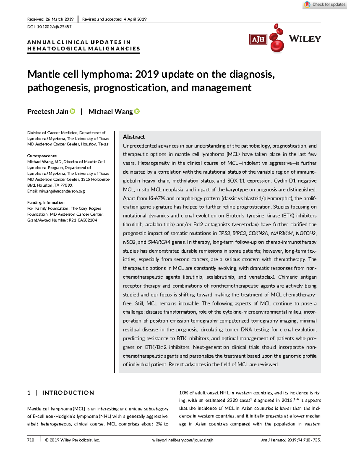 American J Hematol - 2019 - Jain - Mantle cell lymphoma 2019 update on the diagnosis ...