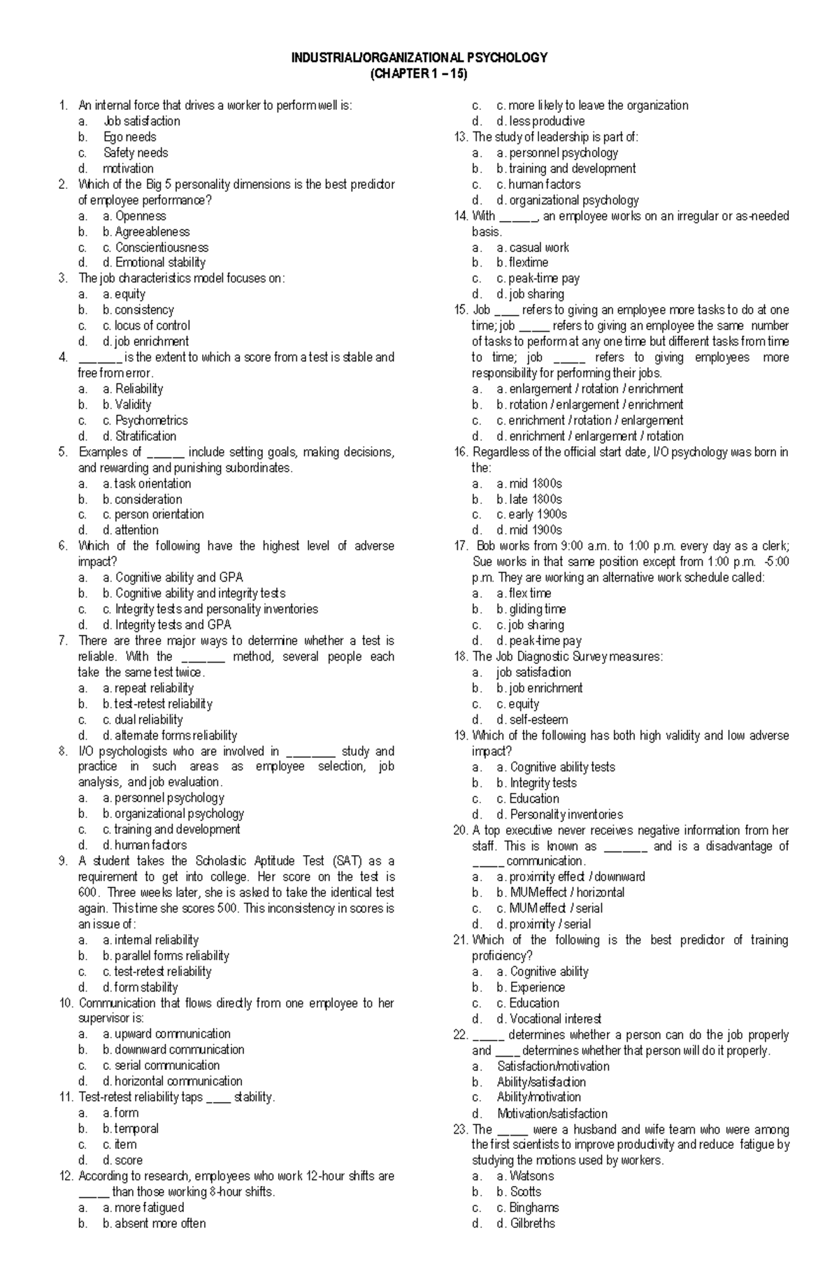 IOP - Practice TEST - INDUSTRIAL/ORGANIZATIONAL PSYCHOLOGY (CHAPTER 1 ...