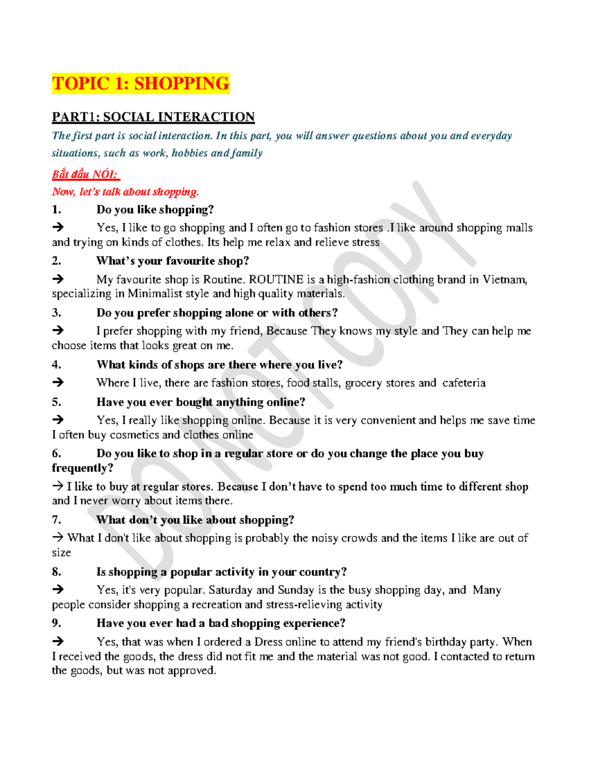 5 Topics Speaking CEFR - TOPIC 1: SHOPPING PART1: SOCIAL INTERACTION ...