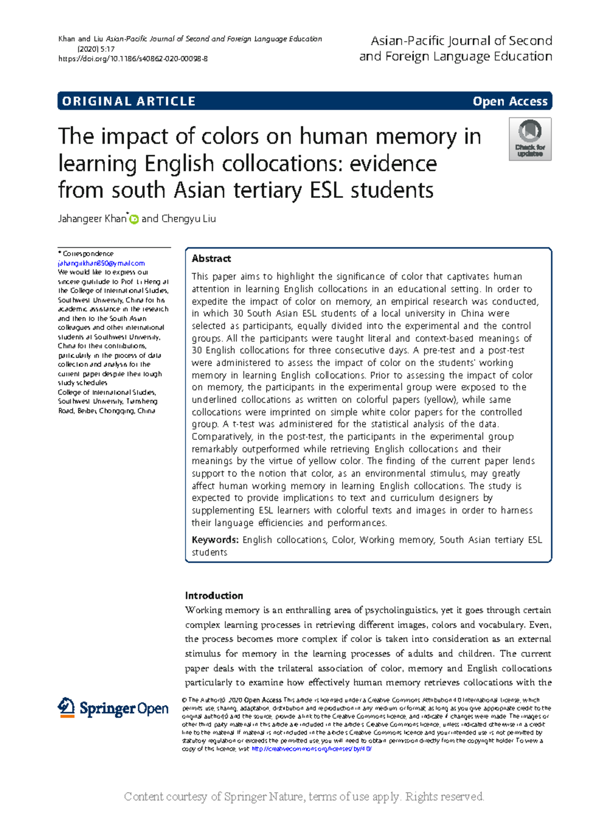 The impact of colors on human memory in learning E - O R I G I N A L A ...