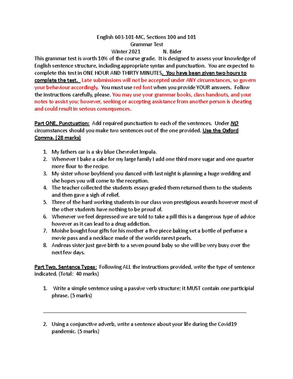 Grammar Test Winter 2021 - English 603-101-MC, Sec4ons 100 and 101 ...