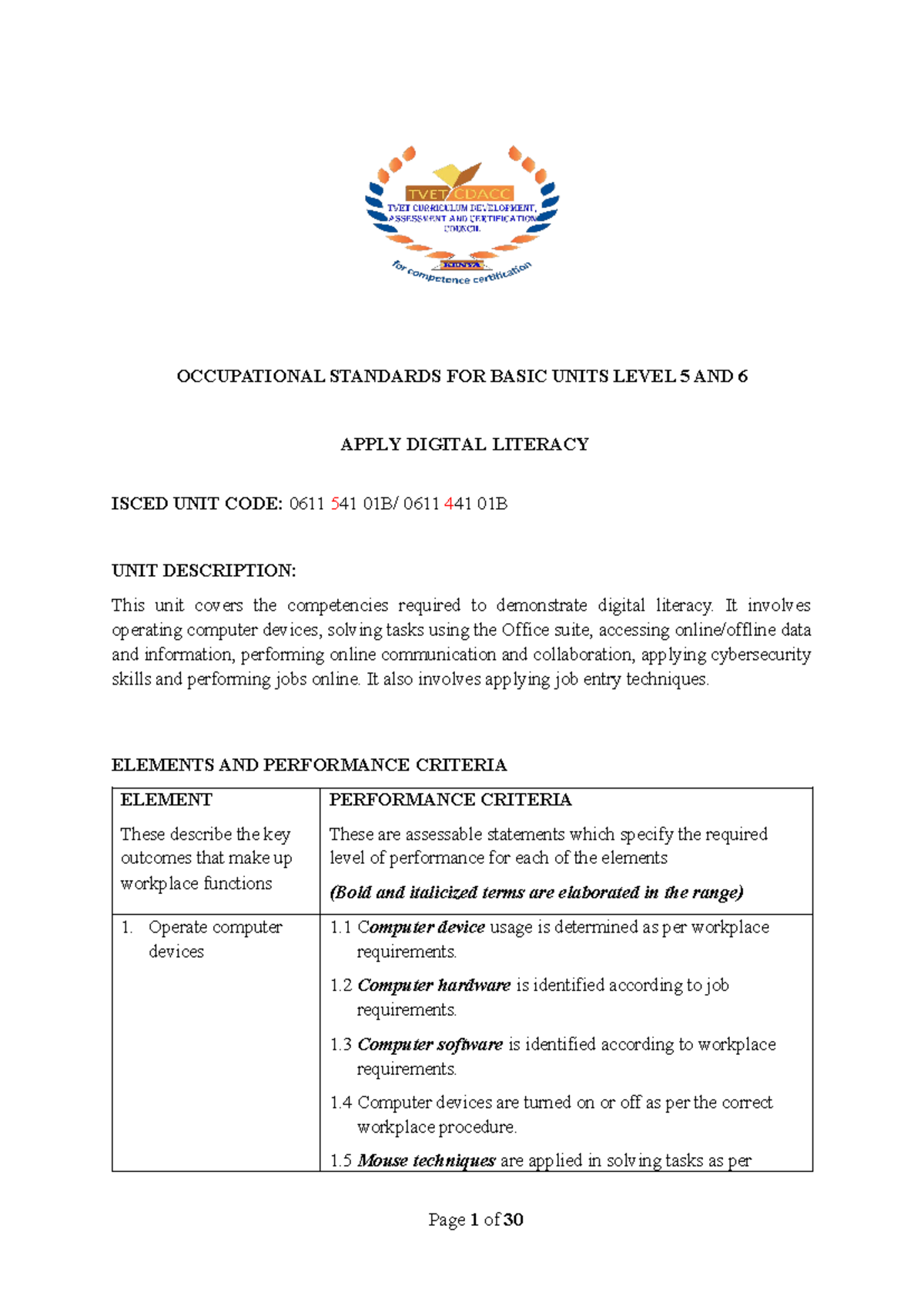 Reviewed Basic Units OS Level 5 and 6 - OCCUPATIONAL STANDARDS FOR ...