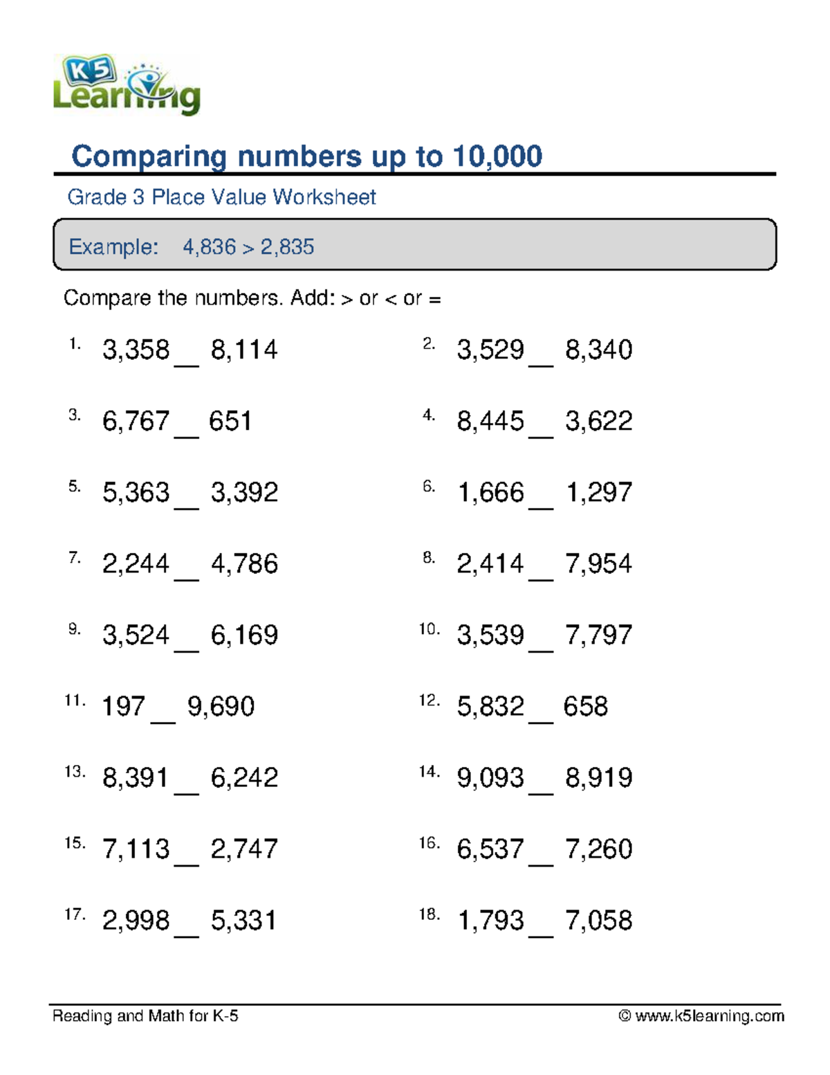 Grade 3 compare numbers b - Reading and Math for K-5 © k5learning ...