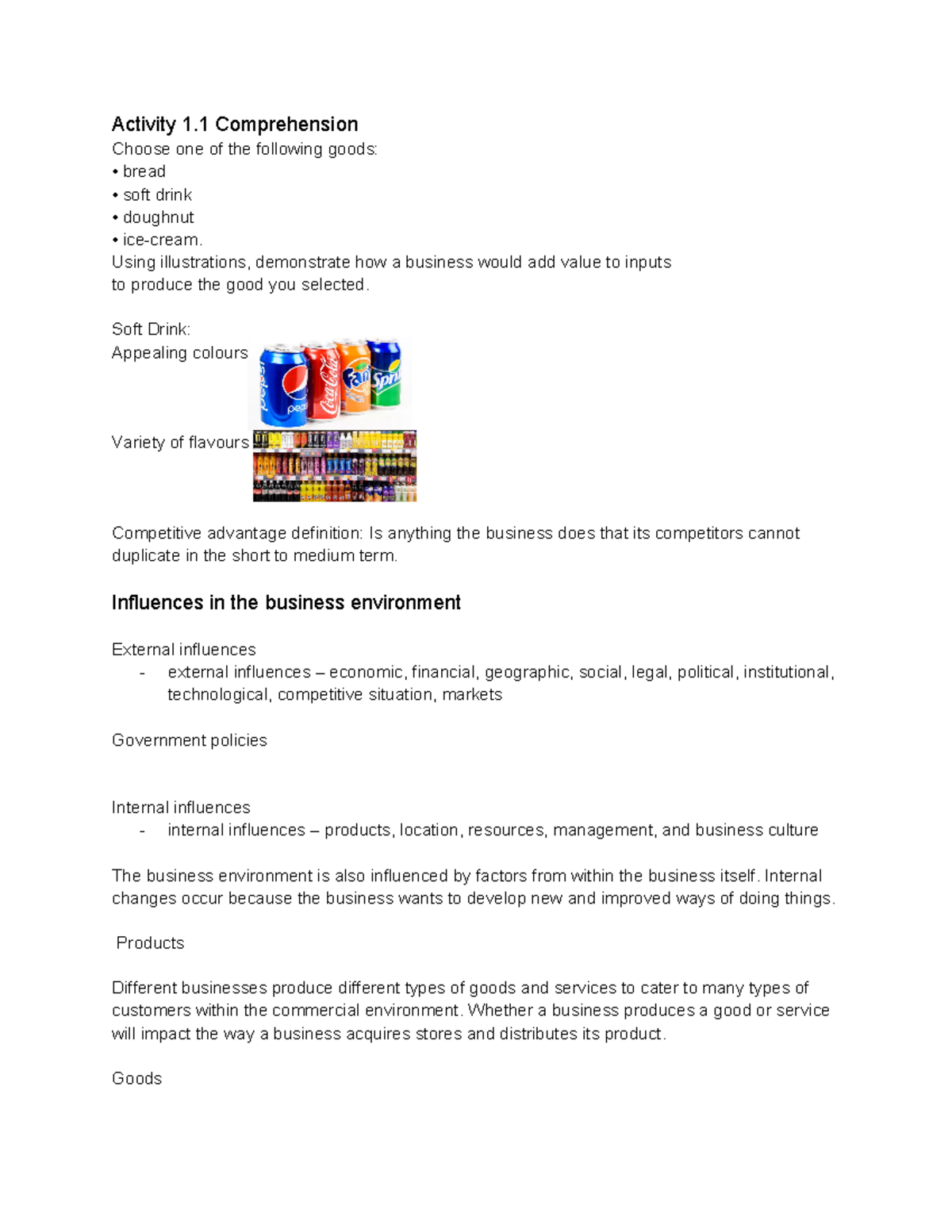 Business Studies - Y11 notes - Activity 1 Comprehension Choose one of ...