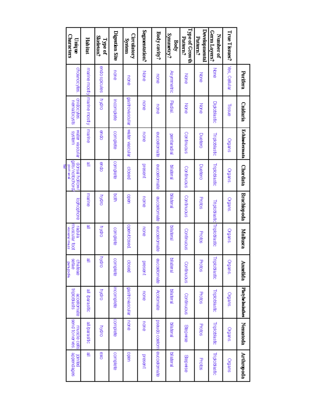 Diversity Table - PoriferaCnidaria EchinodermataChordata ...