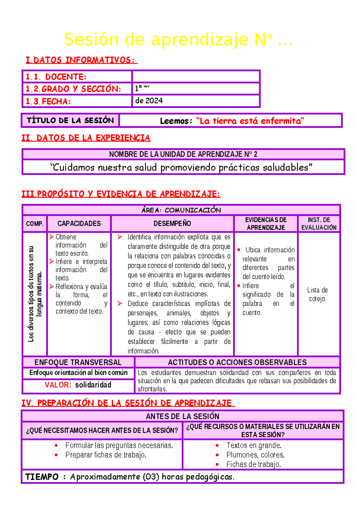 Sesión Leemos Juntos DÍA DE LA Tierra - Sesión de aprendizaje N° ... I INFORMATIVOS: 1. DOCENTE ...