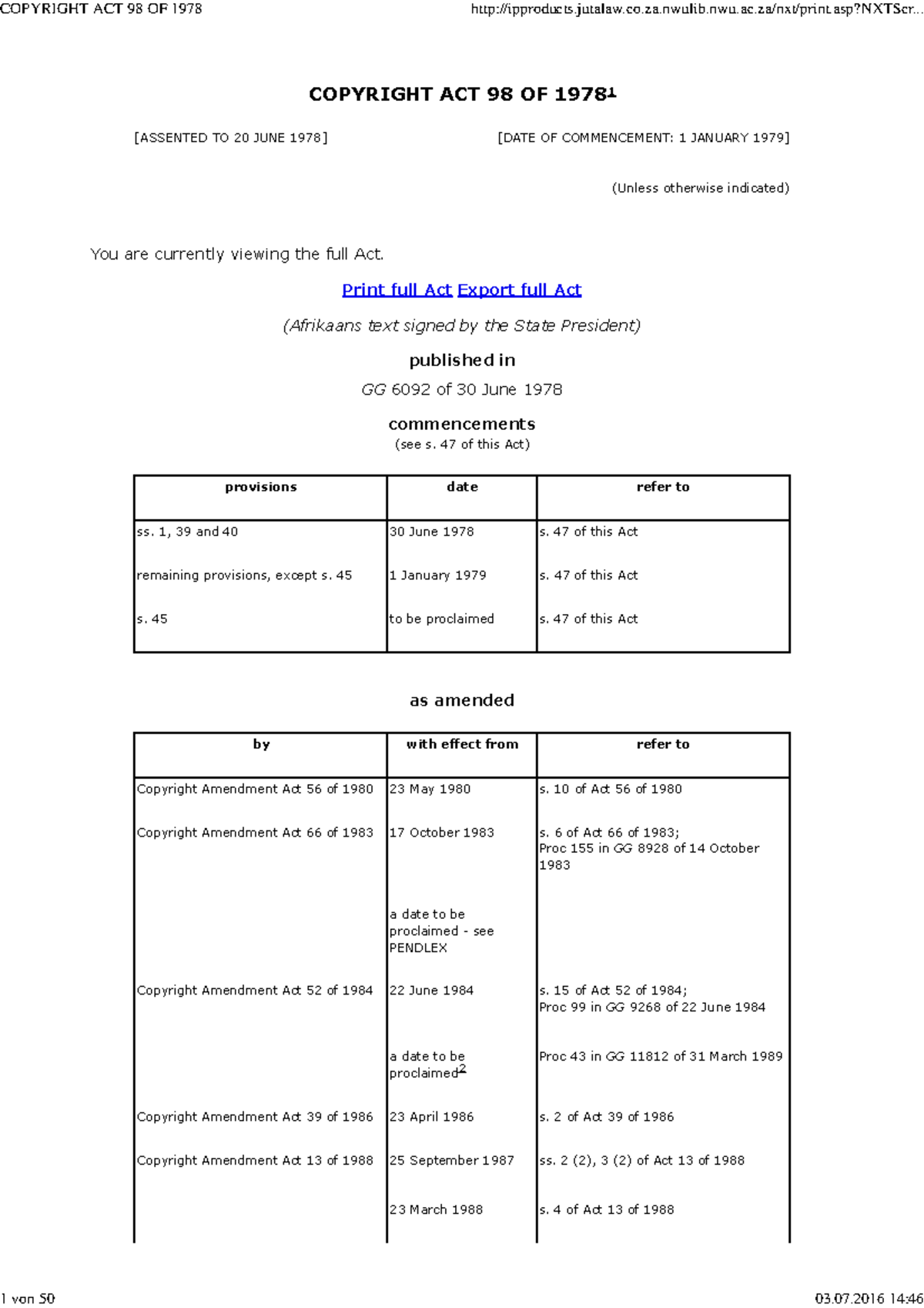 Copyright Act 98 of 1978 - COPYRIGHT ACT 98 OF 1978 [ASSENTED TO 20 JUNE 1978] [DATE OF - Studocu