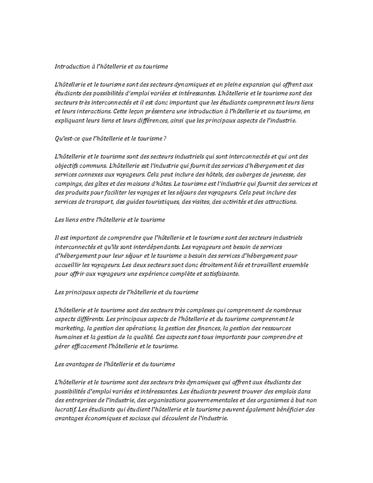 Hospitality and Tourism Management note study - Introduction à l ...