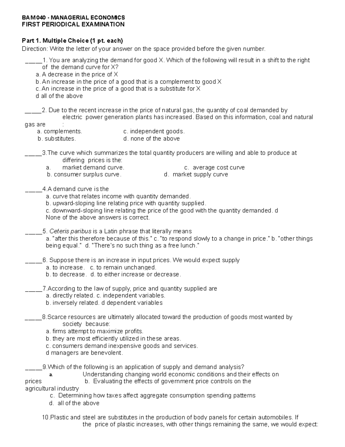 BAM 040 P1 Exams - Vvcf - BAM 040 - MANAGERIAL ECONOMICS FIRST ...