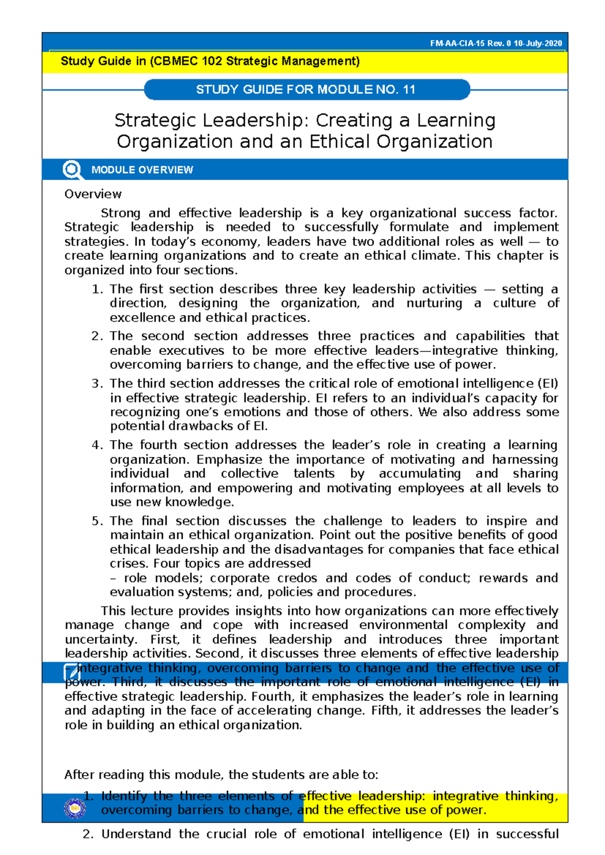 SG 11 Strategic Leadership Creating a Learning Organization and an ...