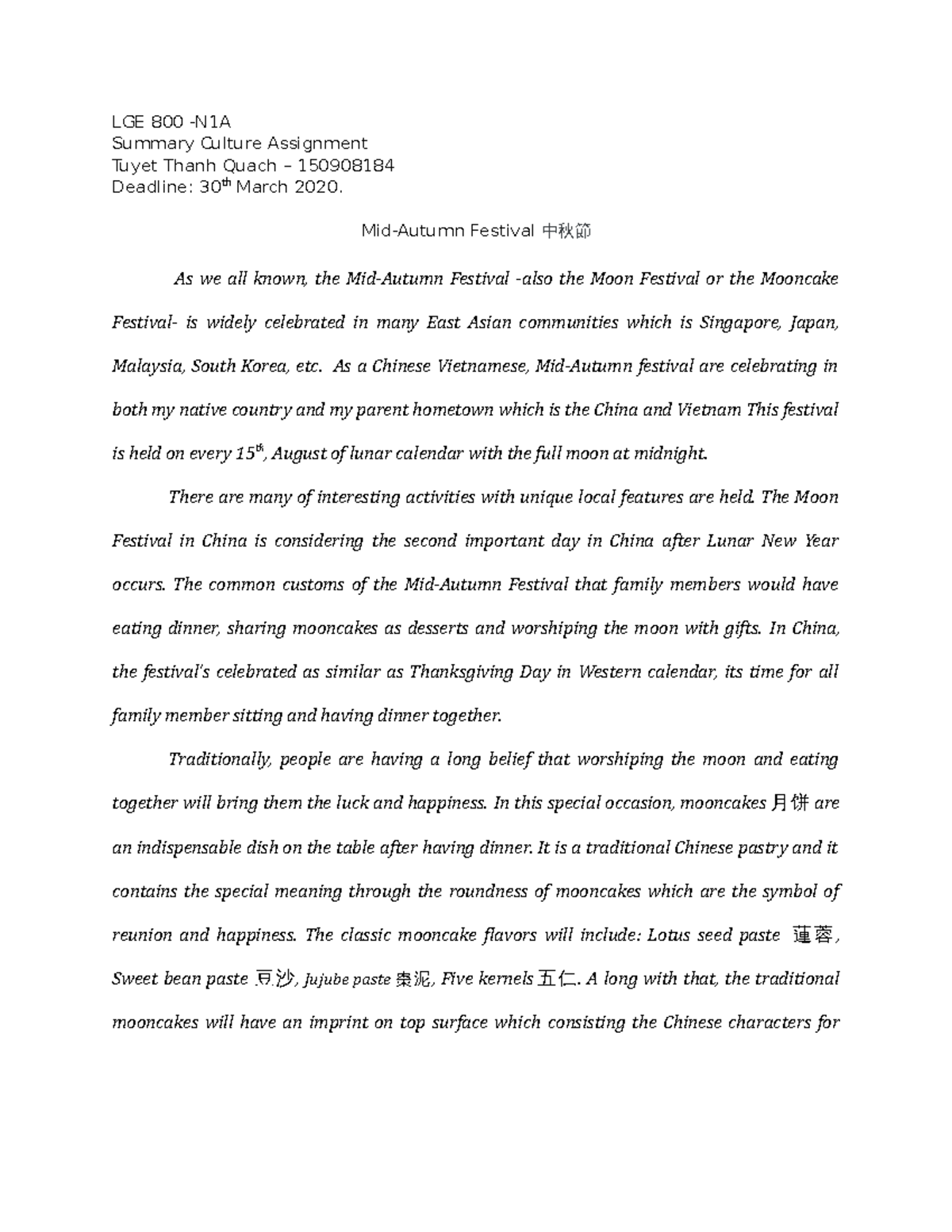 Chinese Assignment - LGE 800 -N1A Summary Culture Assignment Tuyet ...