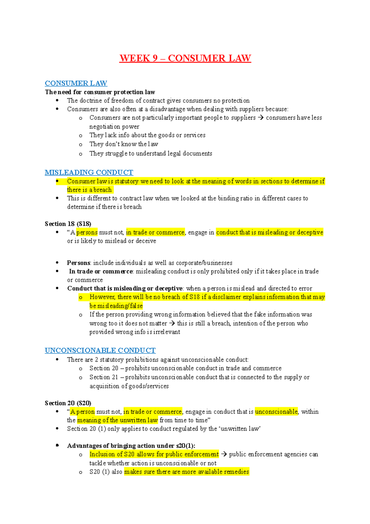 Week 9-11 notes - WEEK 9 – CONSUMER LAW CONSUMER LAW The need for ...