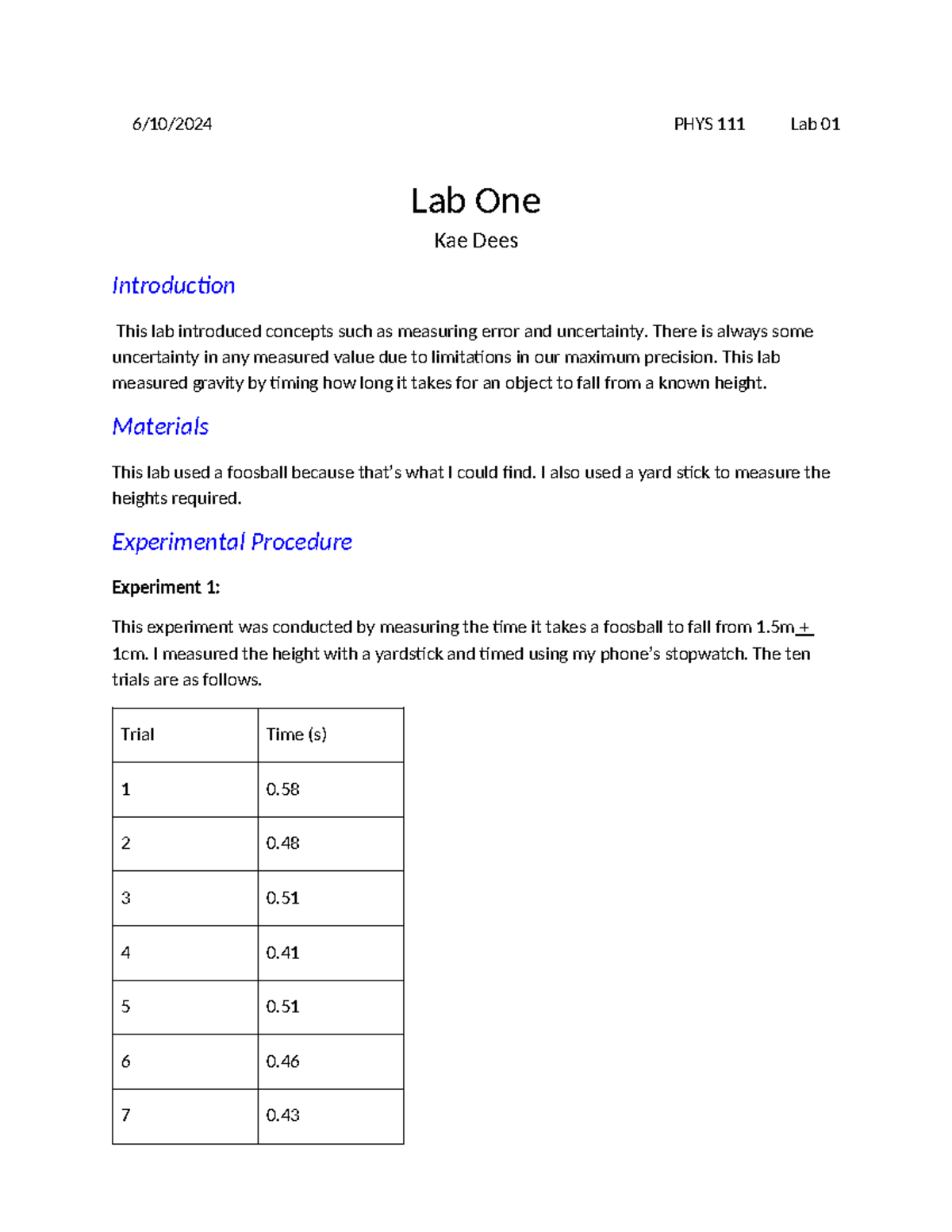 Physics Lab 1 x 3 - Lab report 1 online - 6/10/2024 PHYS 111 Lab 01 Lab ...