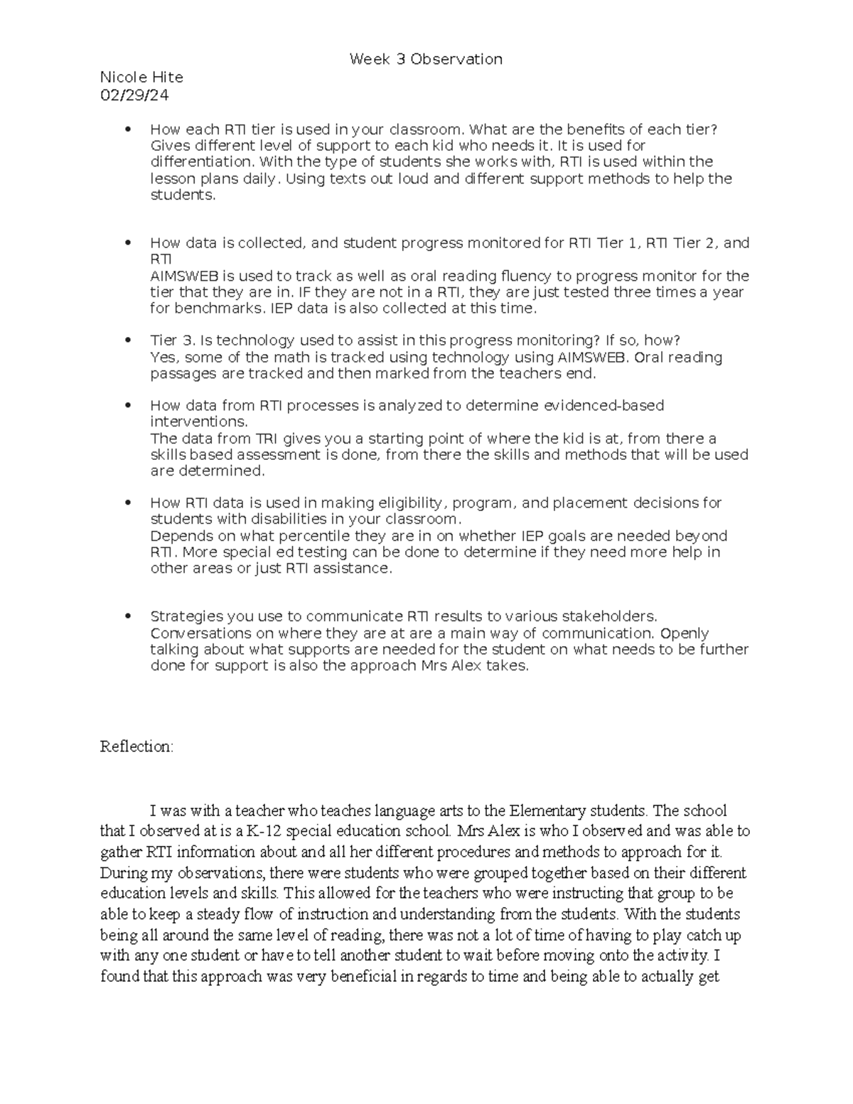 Week 3 Observations - Week 3 Observation Nicole Hite 02/29/ How each ...
